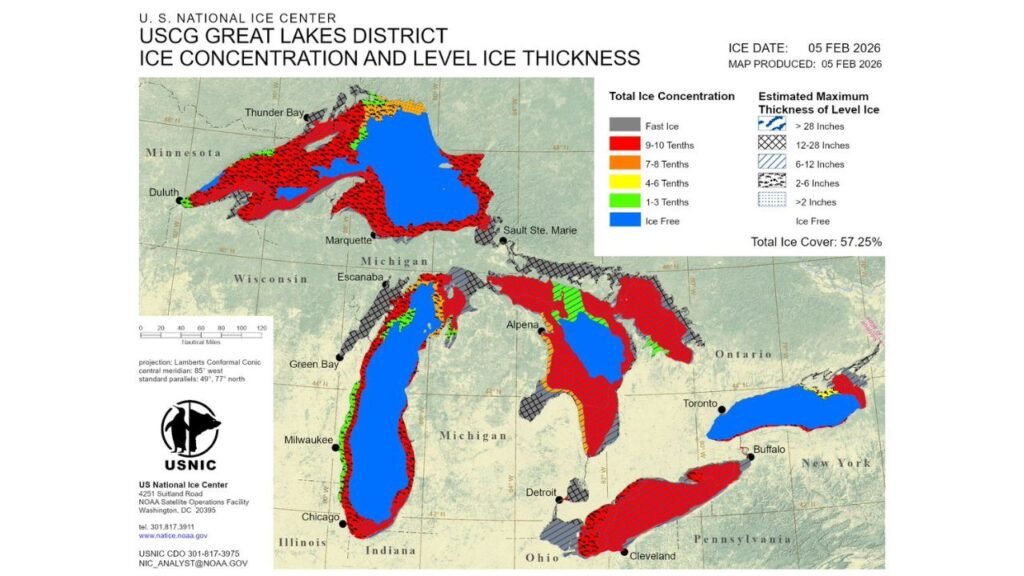 Lake Erie Nears Rare Full Freeze as US Ice Map Shows 96% Ice Cover and ...